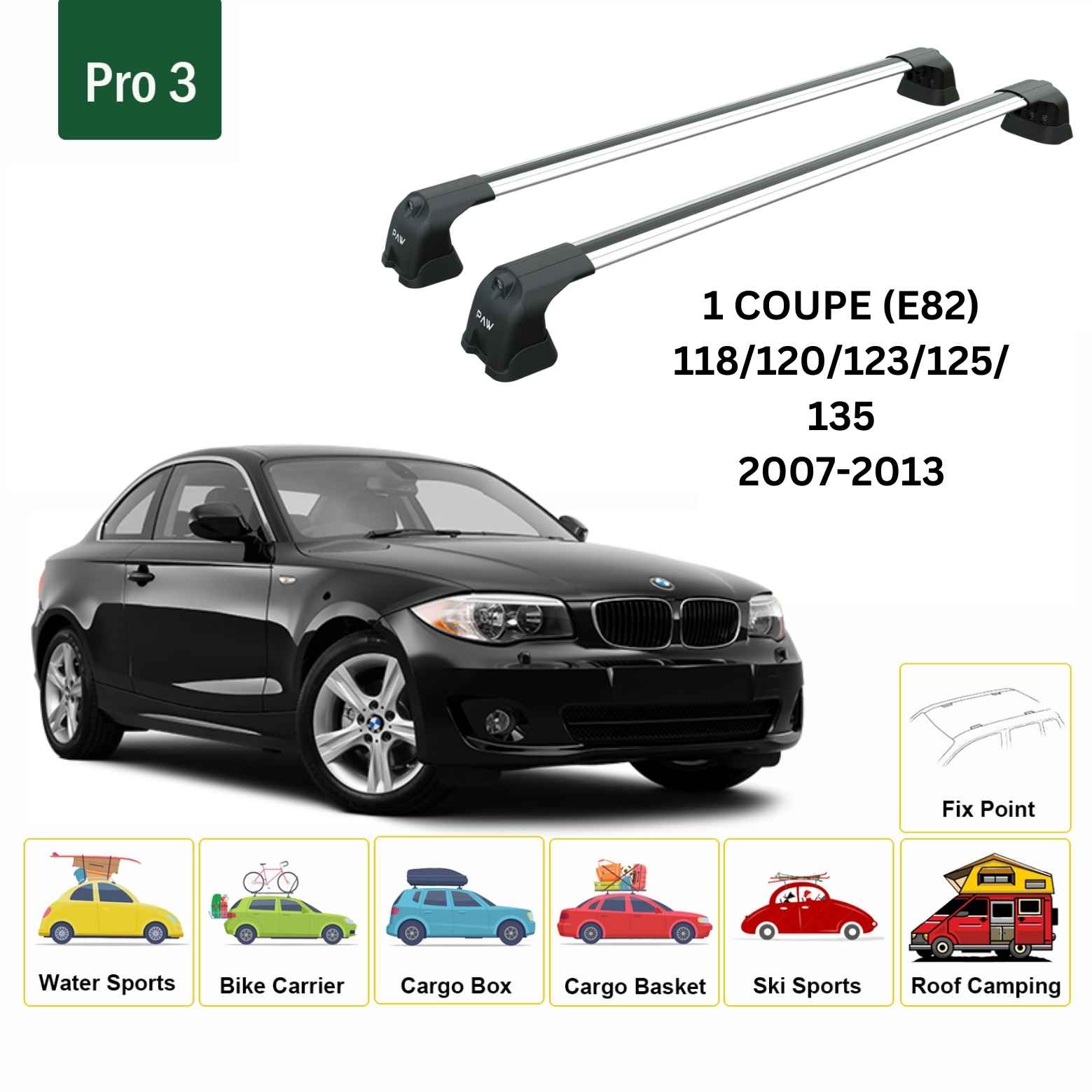 for BMW 1 E82 2007 13 Roof Rack Cross Bars Fix Point Alu Silver